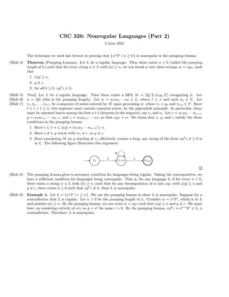 Lecture 06 Notes 2 Csc 320 Nonregular Languages Part 2 2 June 2021