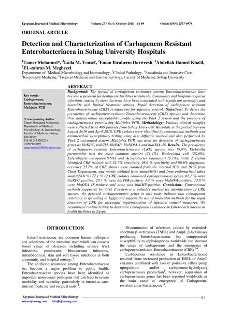 Pdf Detection And Characterization Of Carbapenem Resistant Enterobacteriacea In Sohag