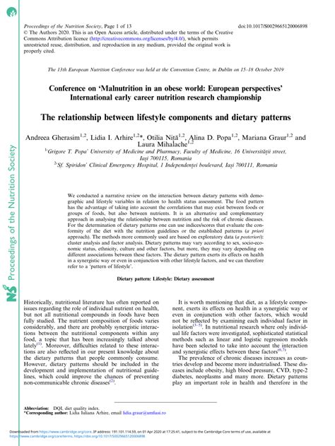 Pdf The Relationship Between Lifestyle Components And Dietary Patterns