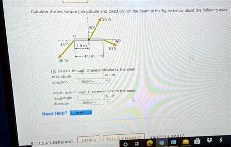 calculate the net torque magnitude and direction on the beam in the