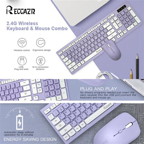 Reccazr 8100 Keyboard And Mouse Full Size Wireless Keyboard And Mouse Combo Purple