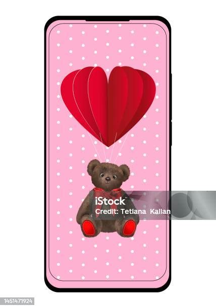 발렌타인 데이 또는 생일 배경 화면이있는 스마트 폰 화면 분홍색 물방울 무늬 배경에 빨간 풍선을 타고 날아다니는 귀여운 테디베어 장난감 Eps10 벡터 일러스트 레이 션