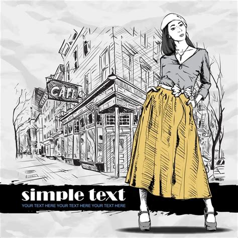 Sexy Fashion Girl In Sketch Style On A Street Cafe Background Vector Illustrator Stock