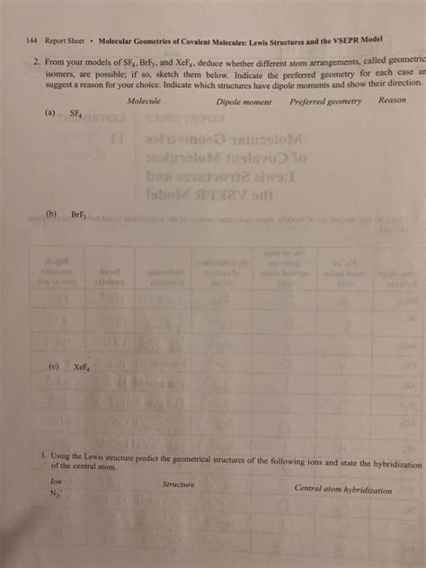 Solved 144 Report Sheet Molecular Geometries Of Covalent