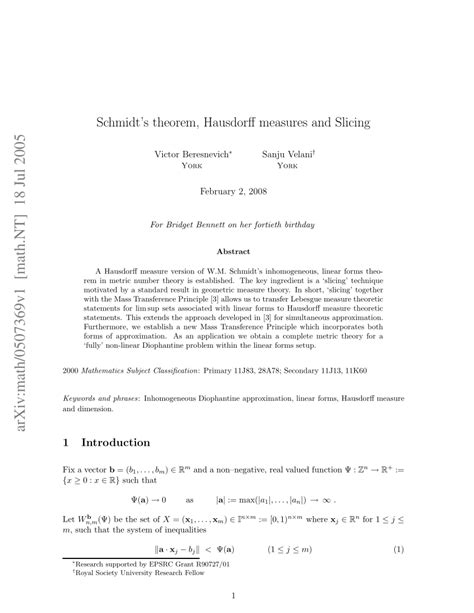 Pdf Schmidts Theorem Hausdorff Measures And Slicing