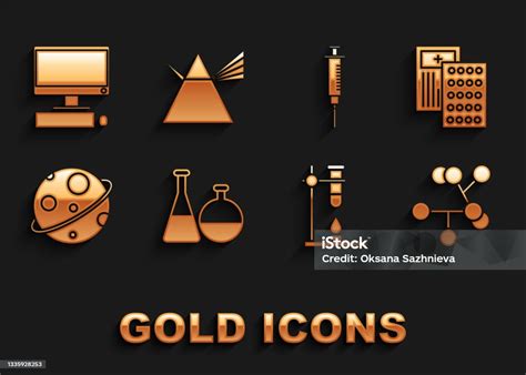 테스트 튜브 및 플라스크 화학 실험실 물집 팩에 알 약 분자 화재 히터에 유리 테스트 행성 주사기 키보드 마우스와 광선 프리즘 아이콘 컴퓨터 모니터 벡터 건강 검진에 대한