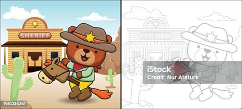 카우보이 의상을 입은 재미있는 곰의 벡터 만화는 보안관 사무실 배경 거친 서쪽 요소에 스틱 말 장난감을 가지고 있습니다 색칠하기 책 또는 페이지 개척시대의 서부에 대한 스톡