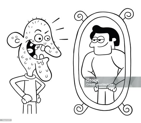만화 못생긴 남자는 거울을 보고 그가 너무 잘 생긴 생각 벡터 일러스트 Mental Wellbeing에 대한 스톡 벡터 아트 및 기타 이미지 Mental