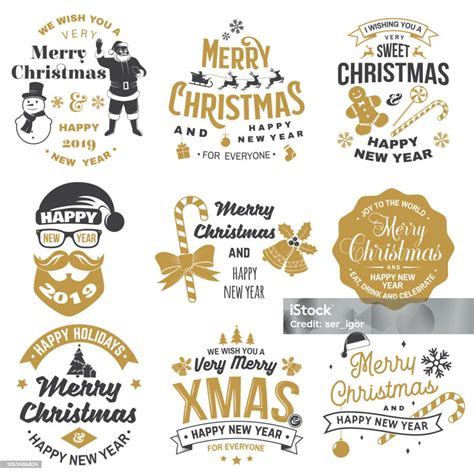 메리 크리스마스와 새 해 복 많이 받으세요 스탬프 스티커 크리스마스 공 산타 모자 사탕 매달려 눈송이 설정의 집합입니다 크리스마스에 대한 스톡 벡터 아트 및 기타 이미지