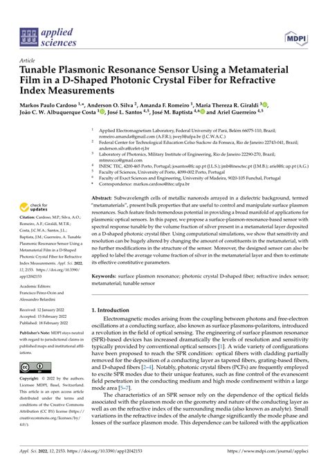 Pdf Tunable Plasmonic Resonance Sensor Using A Metamaterial Film In A D Shaped Photonic