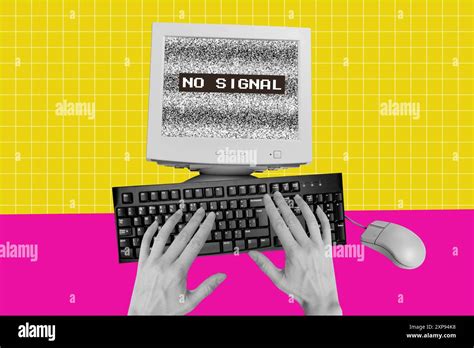 Composite Collage Image Of Broken Computer Error No Signal Hand Typing
