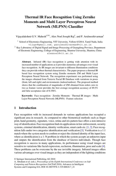 Pdf Thermal Ir Face Recognition Using Zernike Moments And Multi Layer