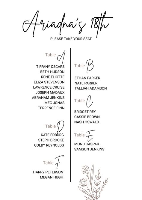 Banquet Table Seating Chart Template Edit Online And Download Example