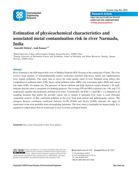 Pdf Estimation Of Physicochemical Characteristics And Associated Metal Contamination Risk In