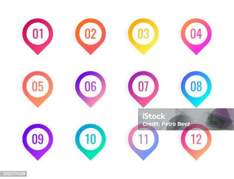 흰색 배경에 슈퍼 설정 화살표 총알 포인트 삼각형 플래그 1에서 12까지의 숫자가있는 다채로운 그라데이션 마커 현대 벡터 일러스트레이션 1에 대한 스톡 벡터 아트 및 기타
