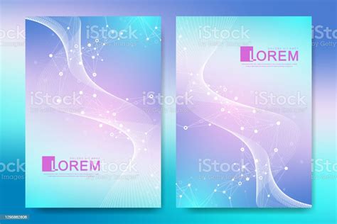 브로셔 전단지 전단지 커버 A4 크기의 카탈로그를 위한 최신 벡터 템플릿입니다 Dna 나선 Dna 가닥 분자 또는 원자 뉴런 과학 또는 의학 배경을 위한 추상구조 간호사에