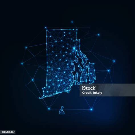 로드 아일랜드 주 미국 별 라인 점 삼각형 낮은 다각형 모양으로 만든 빛나는지도 로드 아일랜드에 대한 스톡 벡터 아트 및 기타
