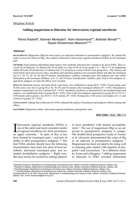 Pdf Adding Magnesium To Lidocaine For Intravenous Regional Anesthesia