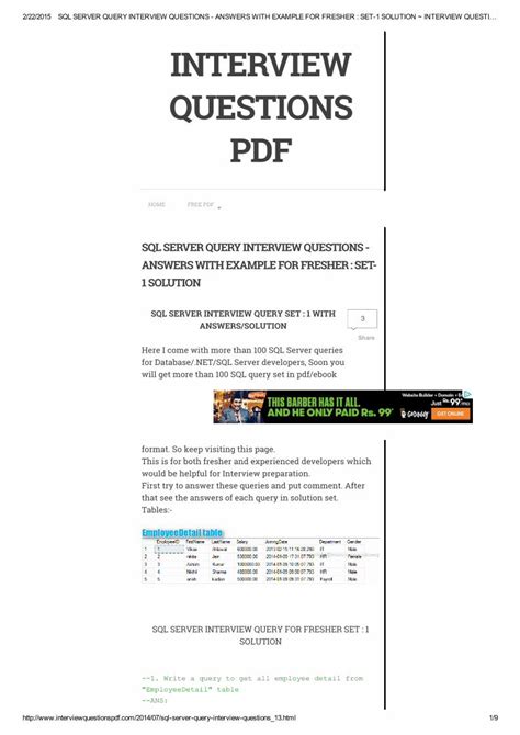 Pdf Sql Server Query Interview Questions Answers With Example For