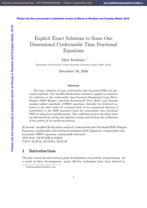 Pdf Explicit Exact Solutions To Some One Dimensional Conformable Time