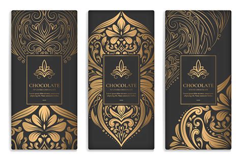 초콜릿 바의 블랙과 골드 패키징 디자인 빈티지 벡터 장식 템플릿 우아하고 고전적인 요소 음식 음료 및 기타 패키지 유형에