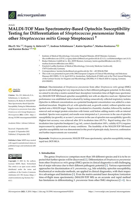 Pdf Maldi Tof Mass Spectrometry Based Optochin Susceptibility Testing