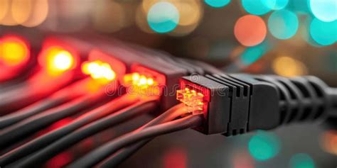 Glowing Red Ethernet Cables In Network Setup Against Blurred Lights Stock Image Image Of