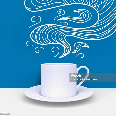 화이트 컵과 접시 그려진 손으로 그린 코너 스튜디오 룸에 연기 만화 낙서 또는 벽에 수증기 전면 보기 3d 렌더링입니다 0명에 대한 스톡 사진 및 기타 이미지 Istock