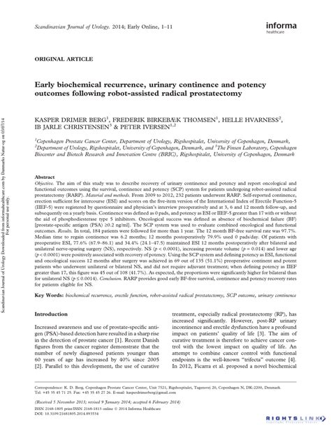 Pdf Early Biochemical Recurrence Urinary Continence And Potency Outcomes Following Robot
