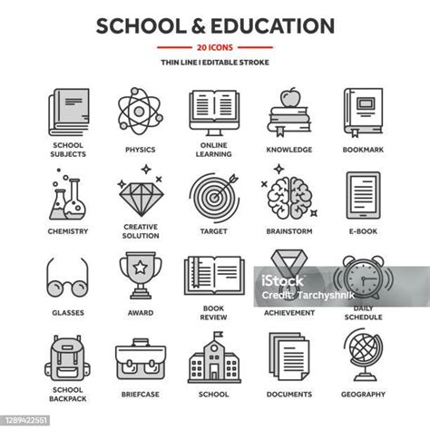 학교 교육 대학 연구 학습 과정 올라인 레슨 튜토리얼 학생 지식 역사 책 얇은 줄 웹 아이콘 세트입니다 개요 아이콘 컬렉션입니다 벡터 일러스트레이션 가방에 대한 스톡 벡터