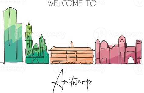 Single Continuous Line Drawing Of Antwerp City Skyline Belgium Famous