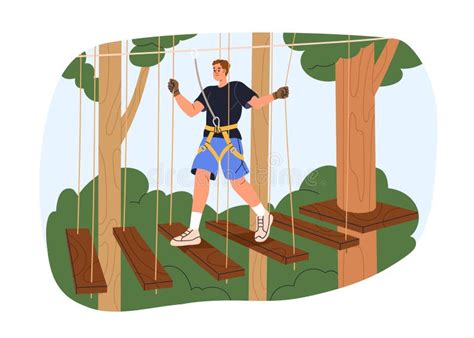 High Ropes Course In Adventure Park Suspended Man Walking On Wood