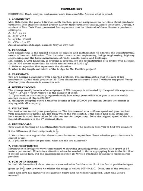 Mathematics 9 Problemset Pdf Mathematics Quadratic Equation
