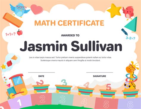 Printable Kindergarten Math Award Certificate Template