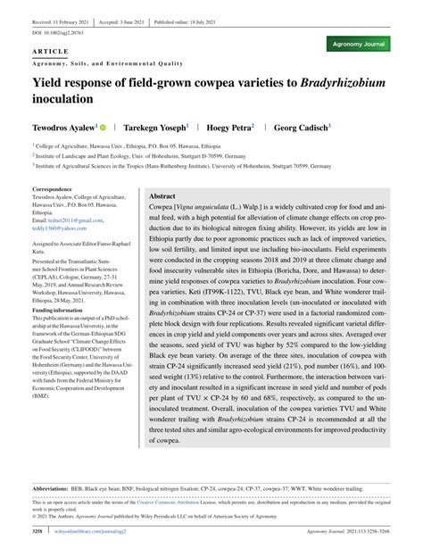 Pdf Yield Response Of Field‐grown Cowpea Vigna Unguiculata L Walp Varieties To