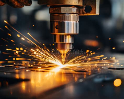 Laser Cutting Precision Intense Sparks Fly During Industrial Metal Fabrication Process Stock