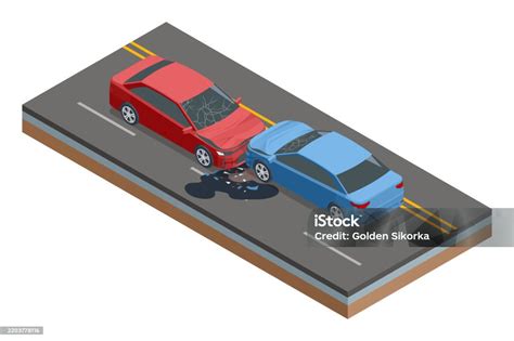 아이소 메트릭 자동차가 두 대의 차량과 충돌합니다 2차선 도로에서 빨간색과 파란색 자동차의 후방 충돌 깨진 유리와 거리에 엎질러진 액체는 피해를 강조합니다 거리에 대한 스톡