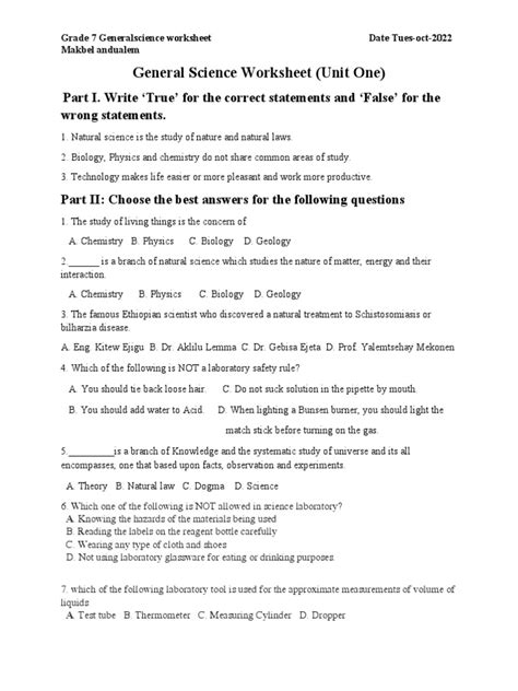 General Science Worksheet Pdf