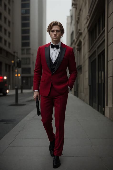 Man In Red Tuxedo Showing Cleavage Walking On The Curb In Black Shoes Royalty Free