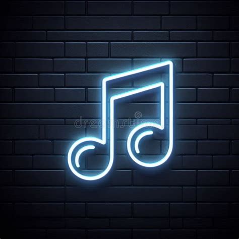 Neon Blue Music Note Sign Glowing On Dark Brick Wall Background