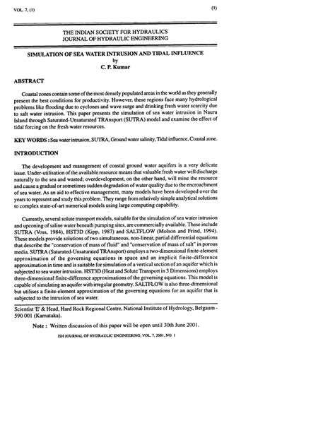Pdf Simulation Of Sea Water Intrusion And Tidal Influence