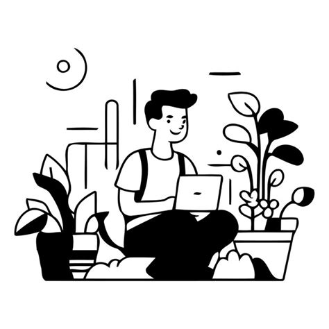 Premium Vector Vector Illustration Of A Man Working On A Laptop In The Garden