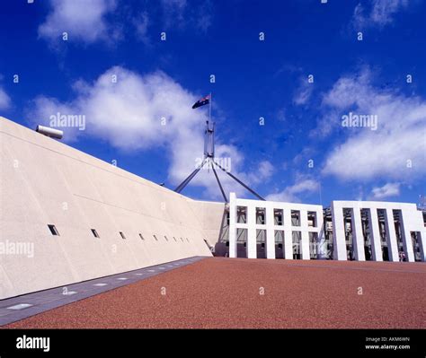 Exterior View Of Australian Parliament House Under A Cloudy Blue Sky