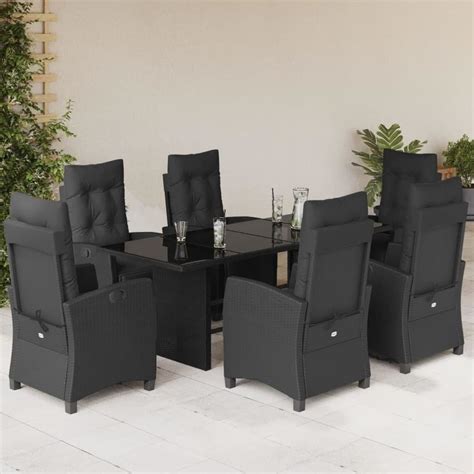 7 Piece Garden Dining Set With Cushions Black Poly Rattan Grey Vidaxl