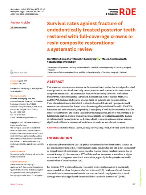 Pdf Survival Rates Against Fracture Of Endodontically Treated Posterior Teeth Restored With