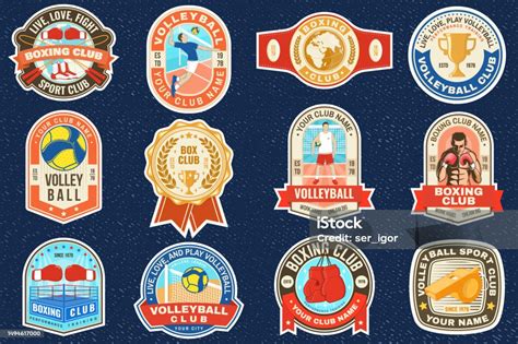 배구 클럽 및 권투 클럽 배지 로고 패치 디자인 세트 벡터 빈티지 복고풍 패치 라벨 배구공이 있는 스티커 선수 줄넘기 권투 글러브 권투 신발 실루엣 챔피언 벨트에 대한 스톡