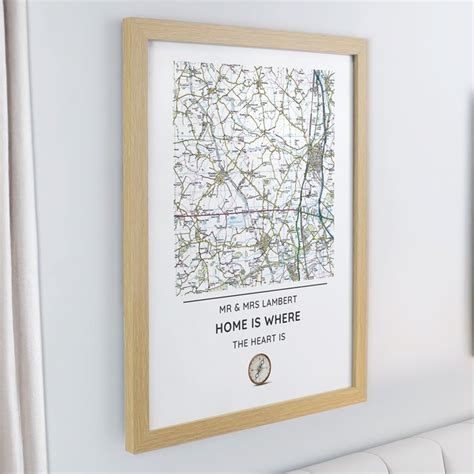 Personalised Present Day Map Compass Oak Poster Frame Uk