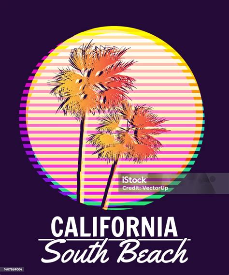 캘리포니아 사우스 비치 일몰 프린트 티셔츠 디자인 포스터 야자수 실루엣 서핑 수상 스포츠에 대한 스톡 벡터 아트 및 기타 이미지 서핑 수상 스포츠 0명 1980