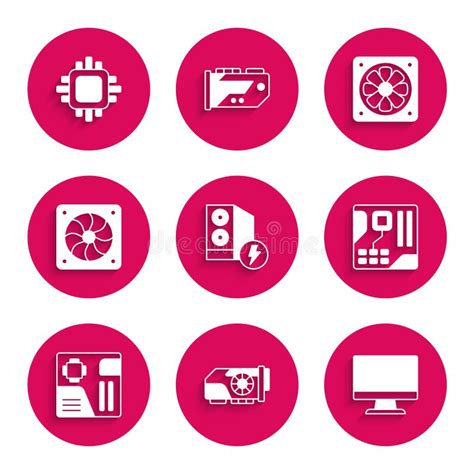 Set Case Of Computer Video Graphic Card Computer Monitor Screen Motherboard Digital Chip