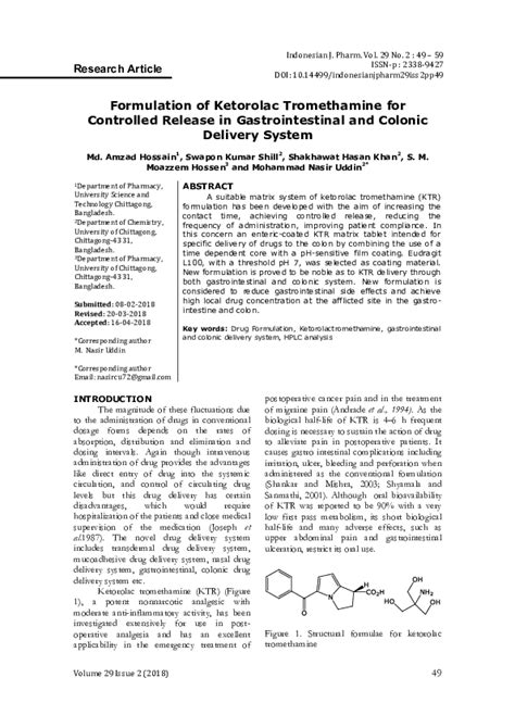 Pdf Formulation Of Ketorolac Tromethamine For Controlled Release In